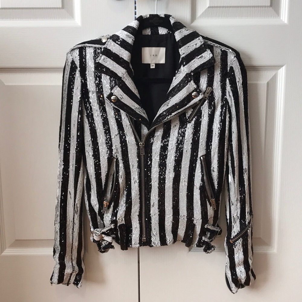 New Iro Black And White Sequin Moto Jacket - Lined - Gem